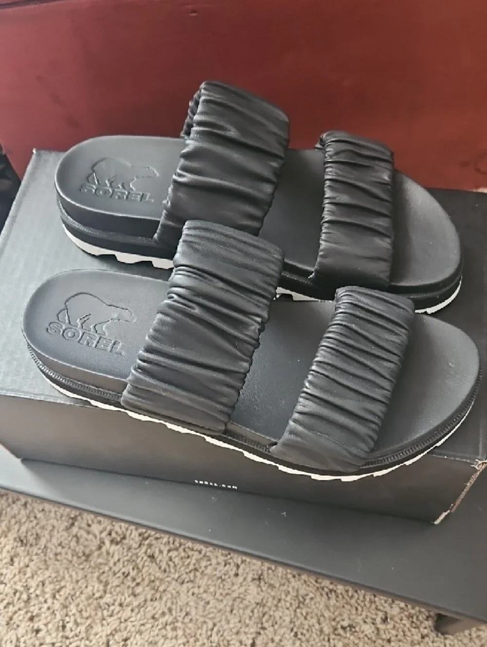 Sorel | Shoes | Sorel Black Ruched Doublestrap Slide Sandals | Poshmark